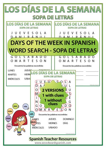 Spanish Days Word Search Sopa De Letras Con Los D as De La Semana En 